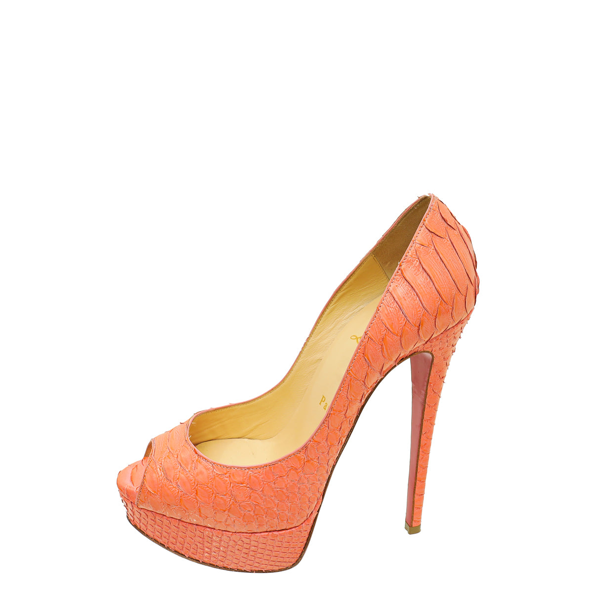 Christian Louboutin Peach Python Lady Peep 140 Pump 37 – THE CLOSET