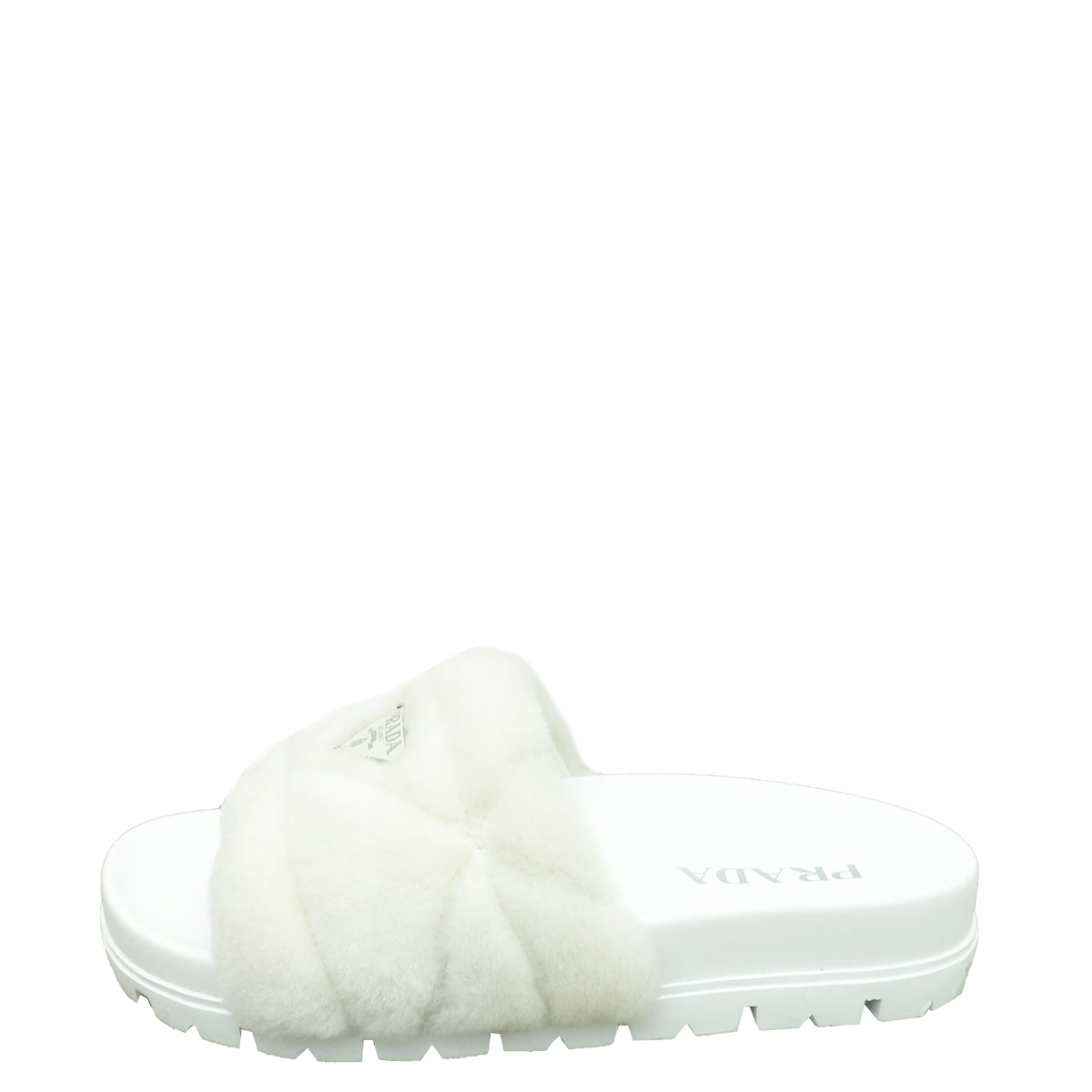 Prada White Logo Shearling Slide Sandal 36.5 – THE CLOSET