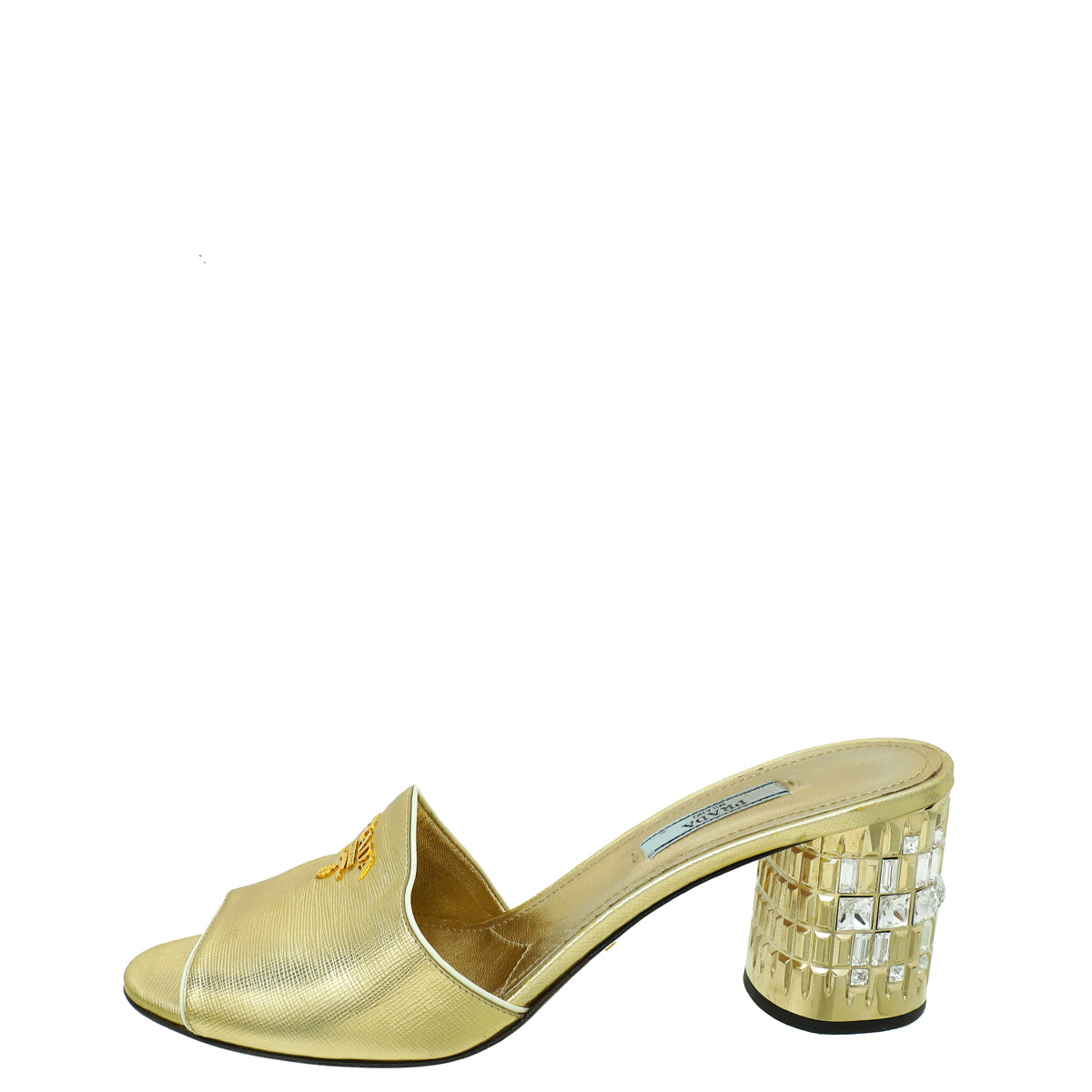 Prada Gold Logo Crystal Block Heels Mules 40 – THE CLOSET