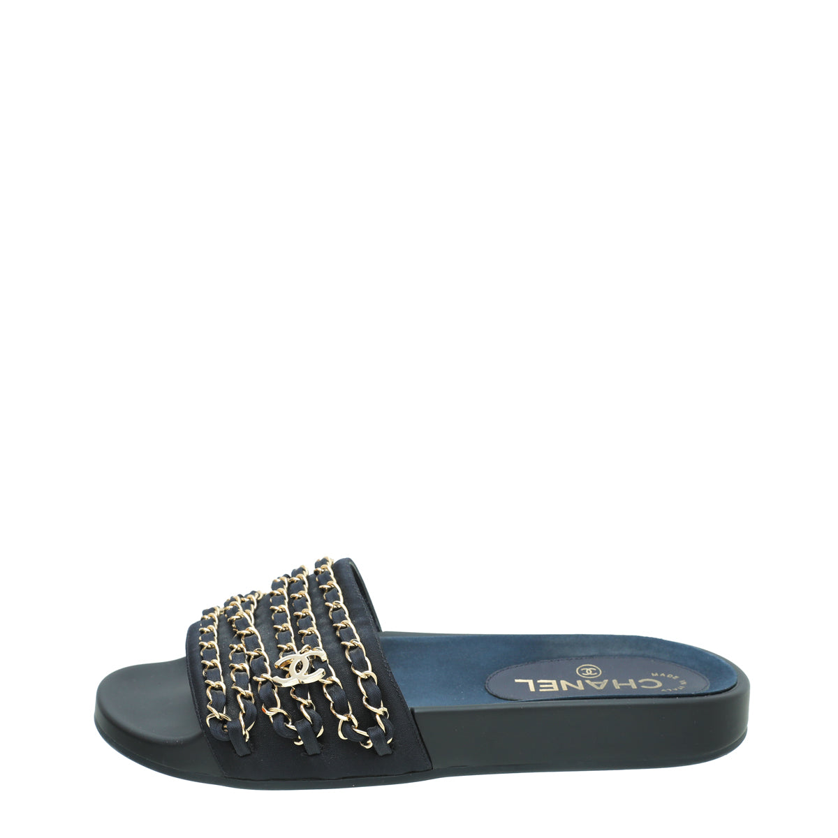 Chanel Indigo Blue CC Chain Slide Pool Sandal 38 – THE CLOSET