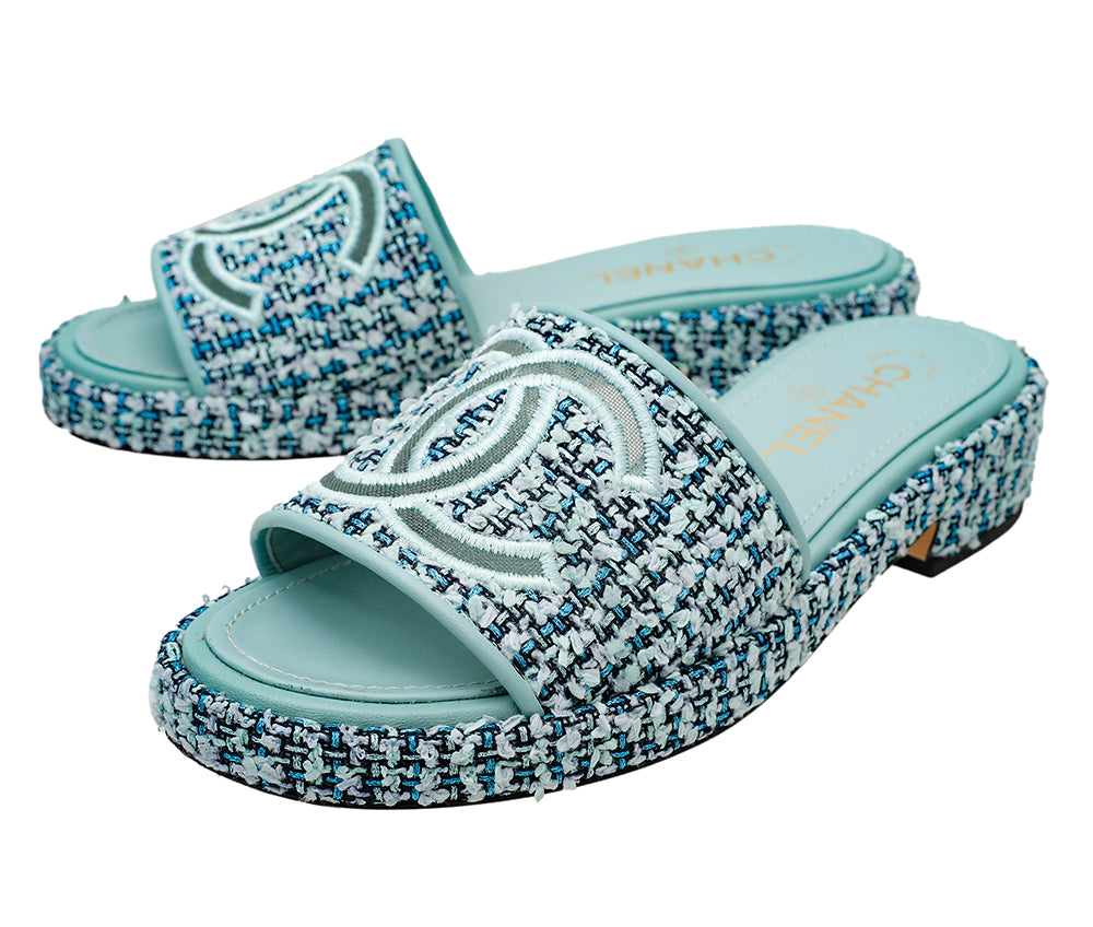 Chanel Light Blue CC Mesh Tweed Slide Mules 38 – THE CLOSET