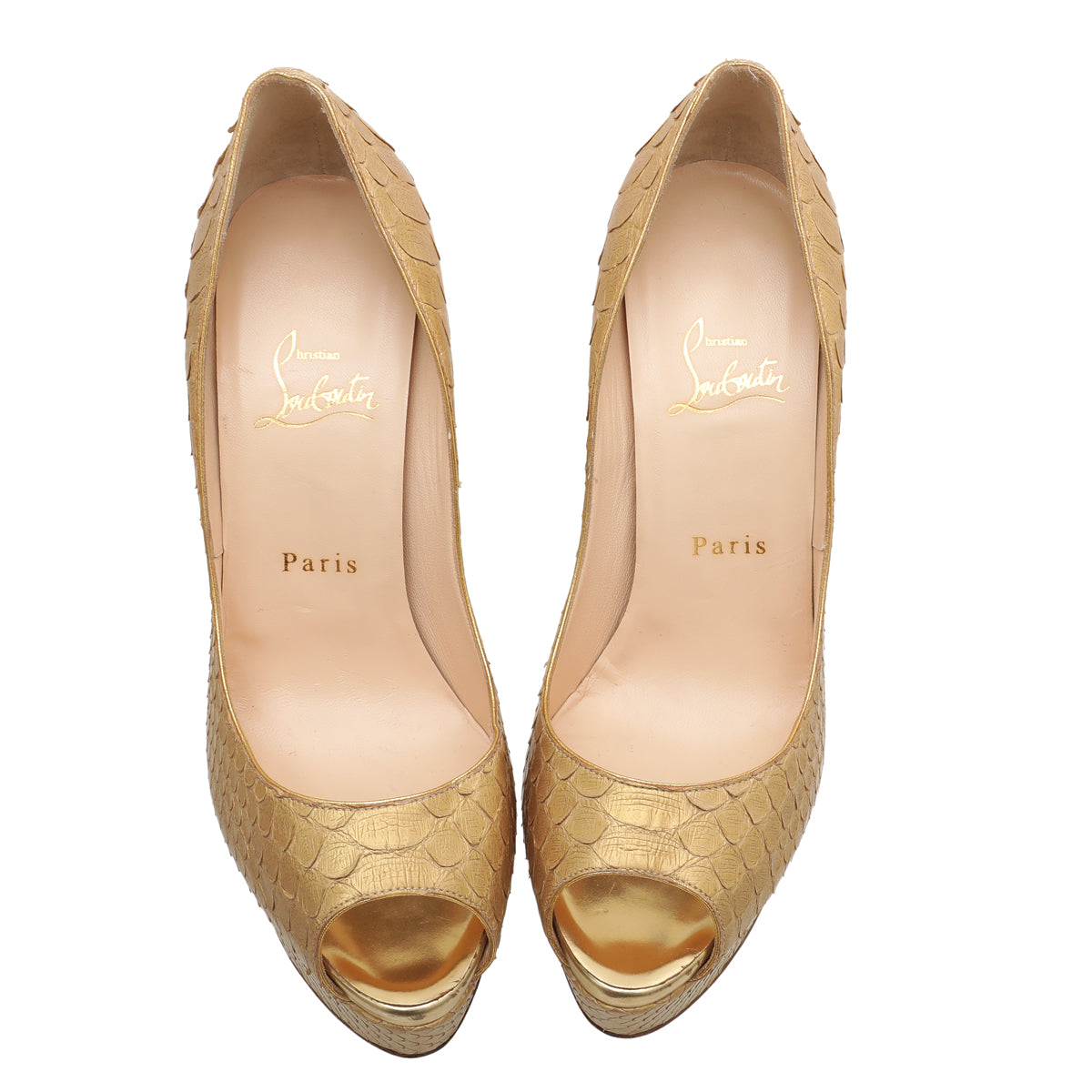 Christian Louboutin Gold Python Lady Peep Pumps 38.5 – The Closet