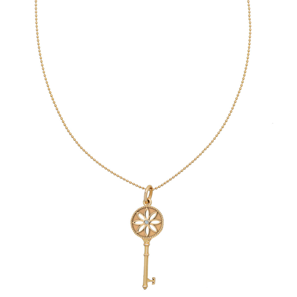 Tiffany & Co 18K Yellow Gold Diamond Daisy Key Pendant Beaded Chain Ne ...