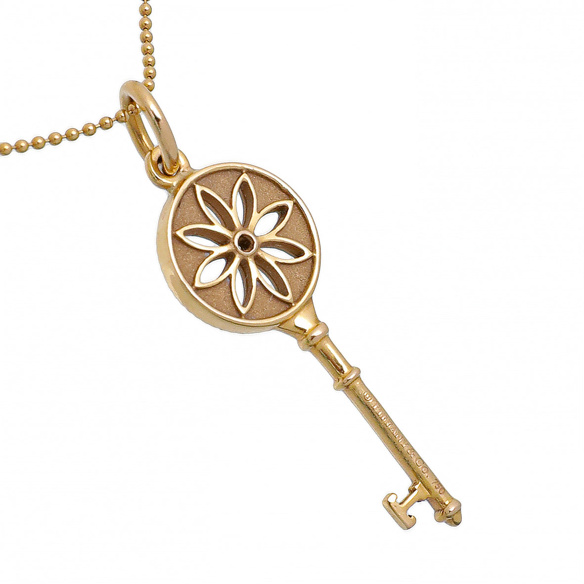 Tiffany & Co 18K Yellow Gold Diamond Daisy Key Pendant Beaded Chain Ne ...